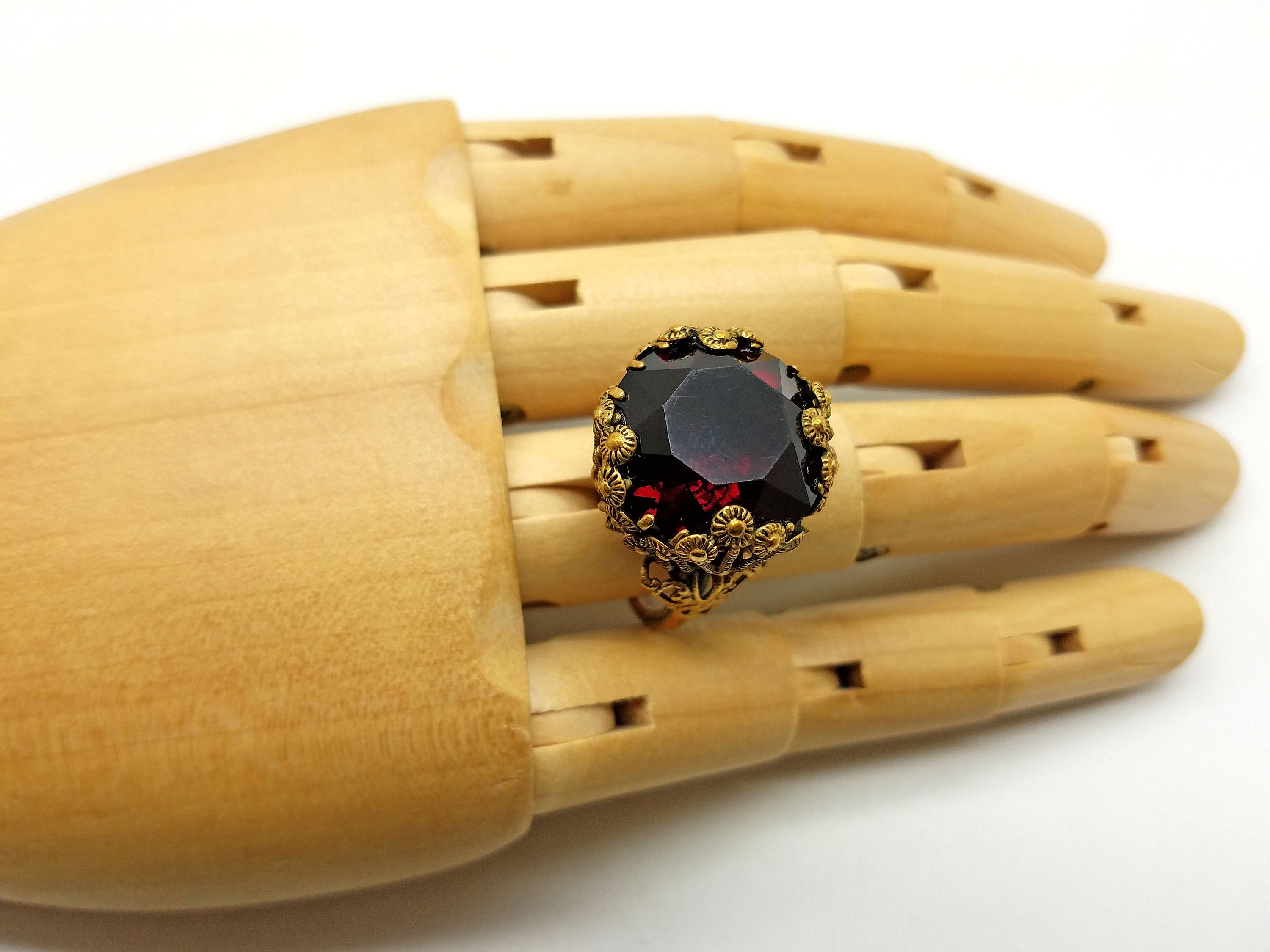 Vintage Retro Deep Dark Red Rhinestone Aged Brass Ring
