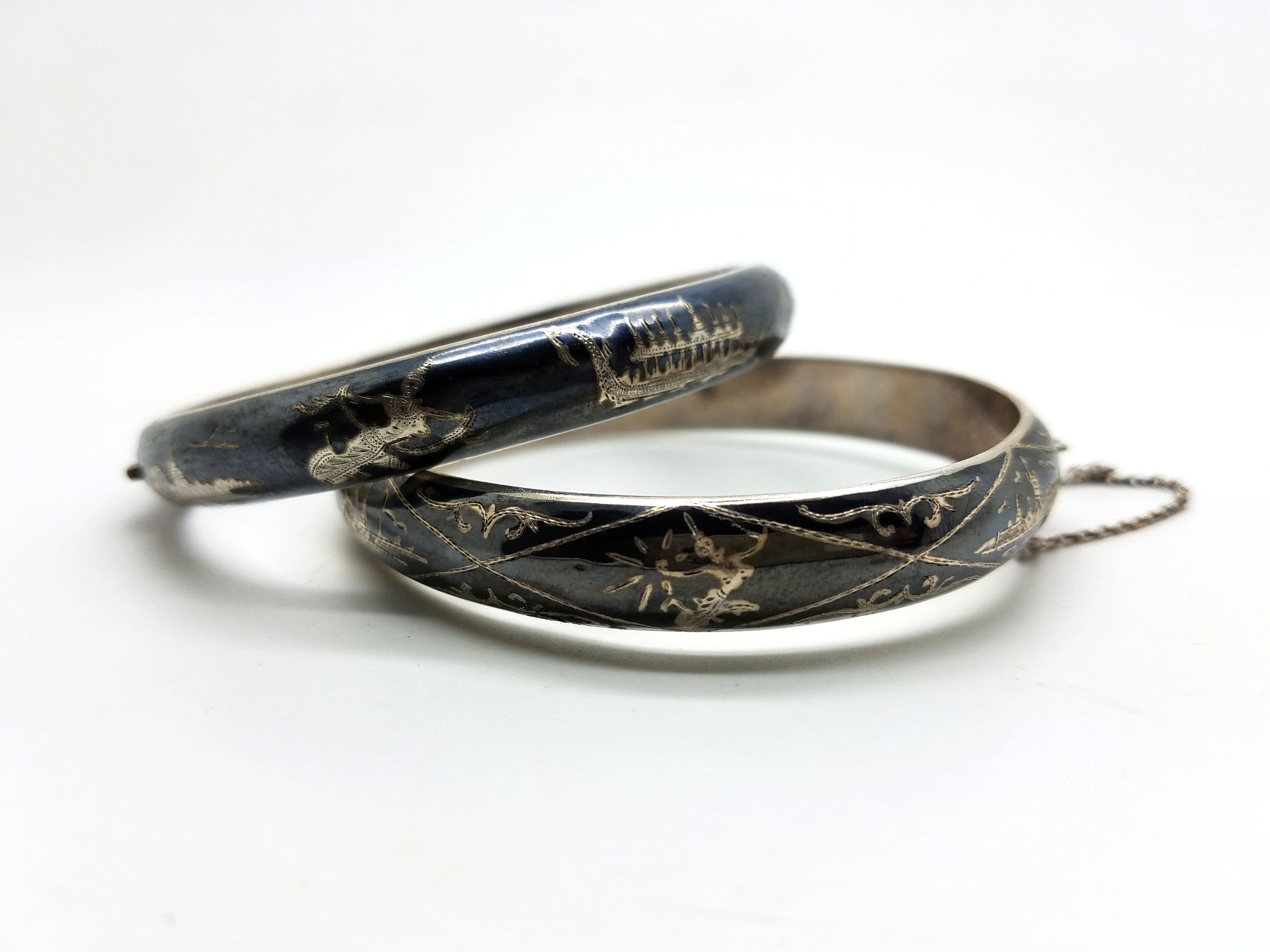 Pair of Vintage Siam Sterling Silver and Black Bangle Bracelets