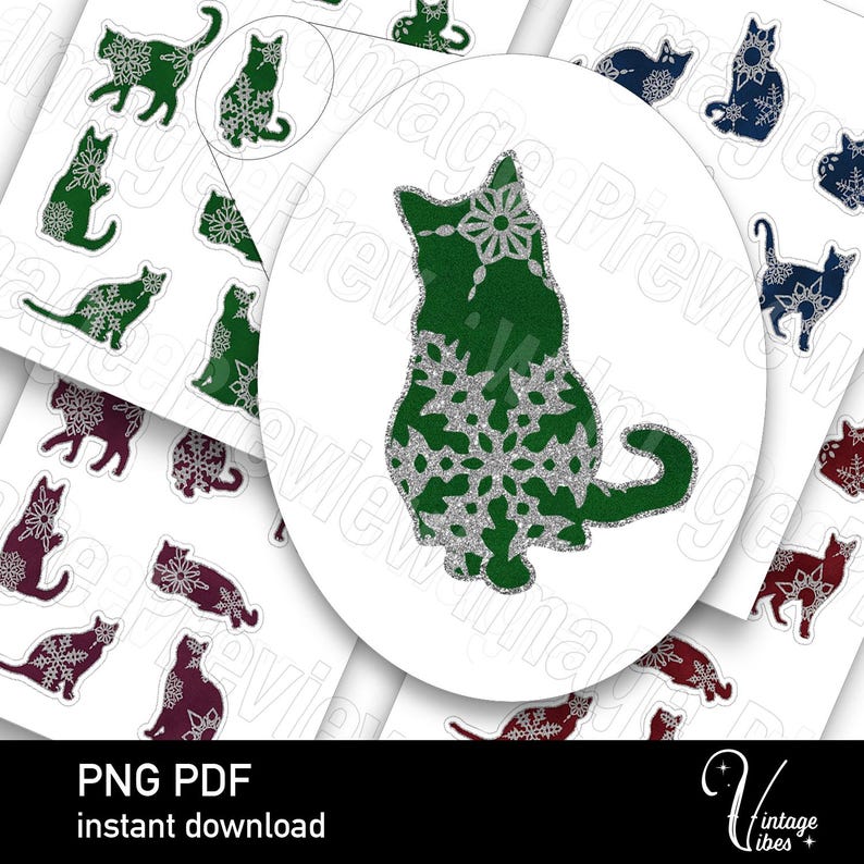 Printable Cat Silhouette Stickers | Winter Wonderland | Holiday Glitter ...