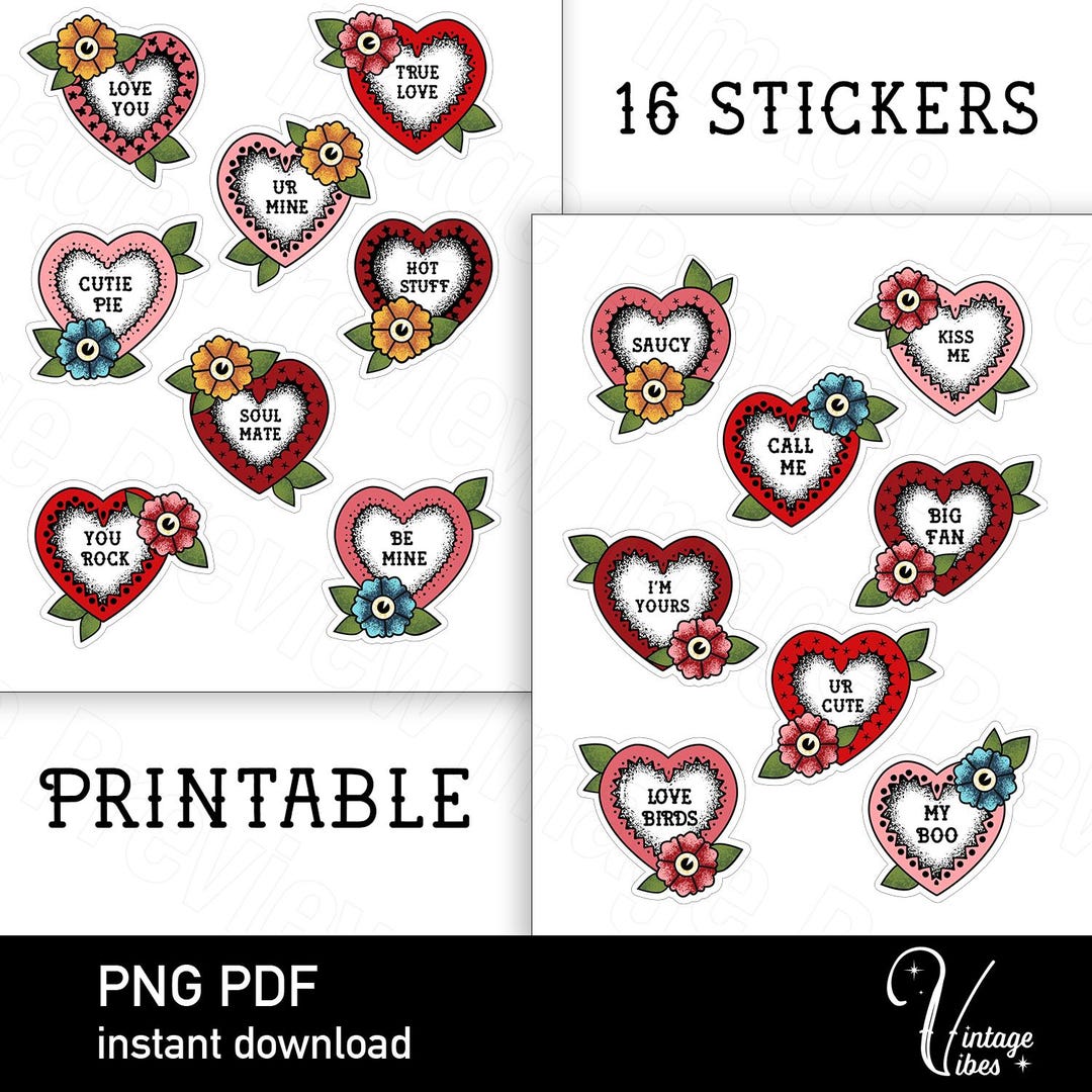 Vintage Style Tattoo Hearts / Candy Heart - Printable Valentine’s Day ...