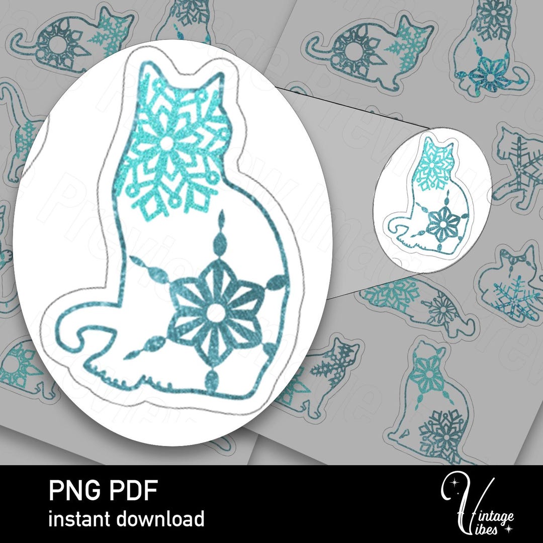 Printable Cat Silhouette Stickers, Winter Wonderland, Holiday Teal ...