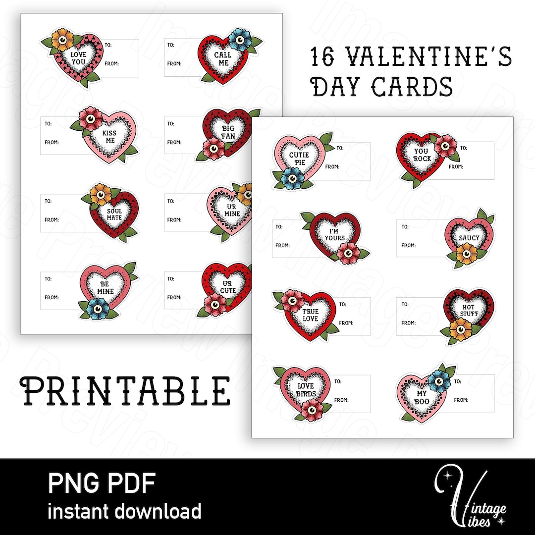 Vintage Style Tattoo Hearts / Candy Heart - Printable Valentine’s Day ...