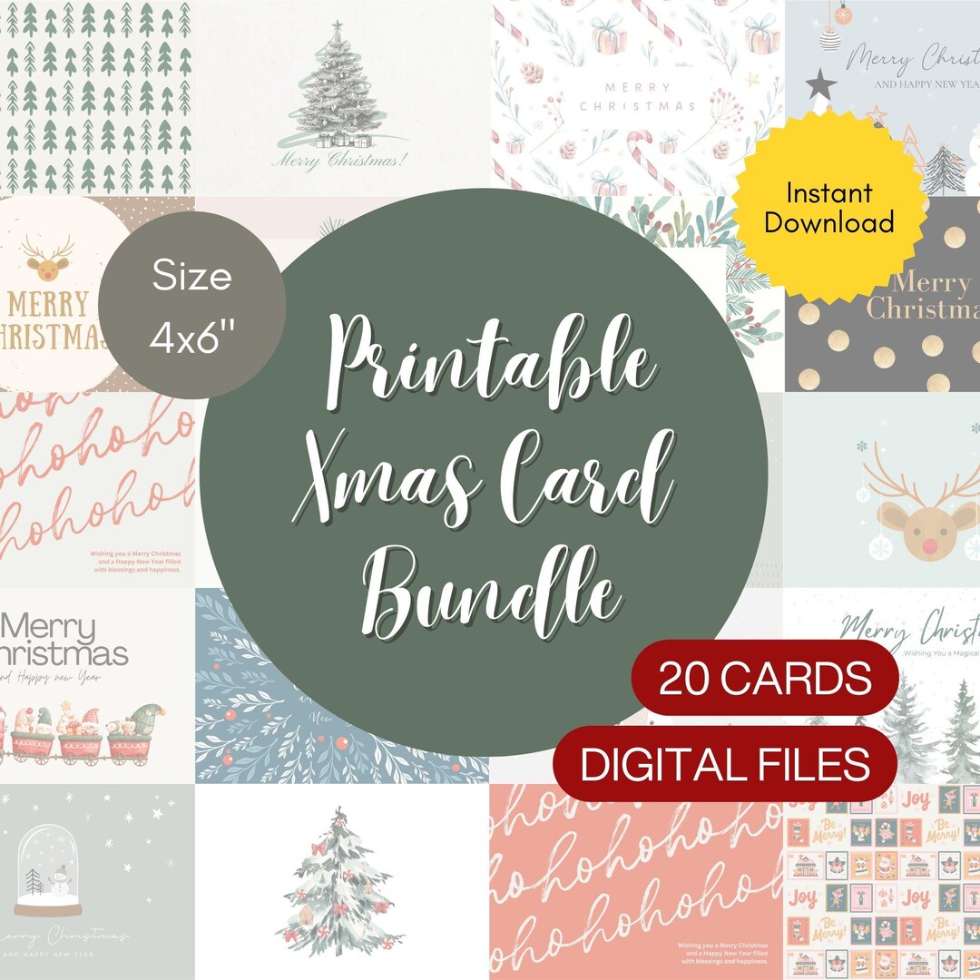 Printable Christmas Card Bundle 20 Digital Holiday Cards, 4x6 Instant ...