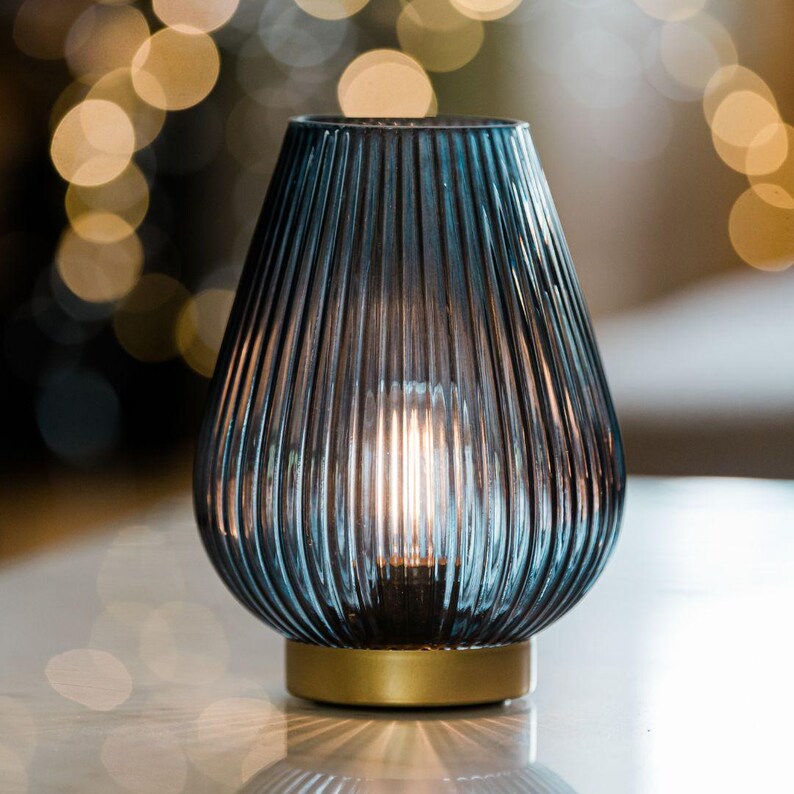 Cordless Petrol Blue Glass Fluted Ribbed Battery Operated Lamps - Etsy