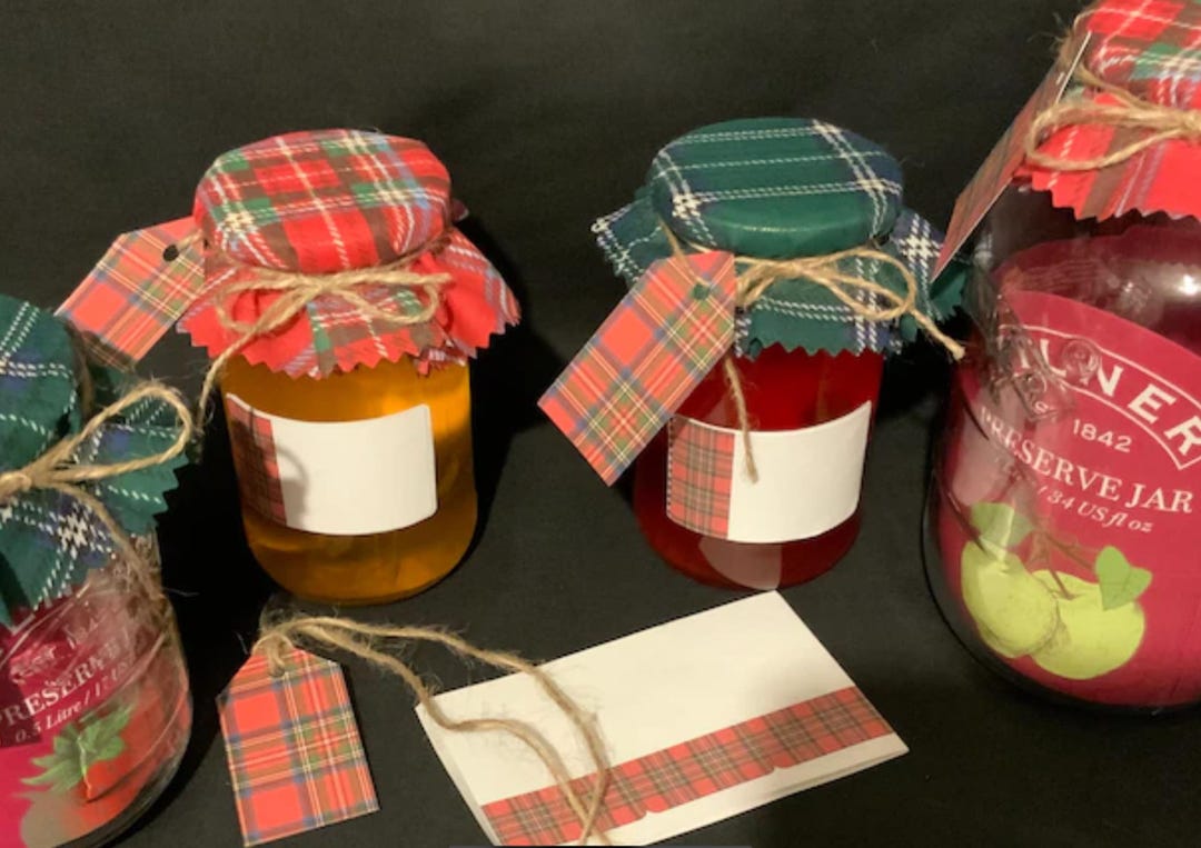 12 X Jam Jar Lid Covers Fabric TARTAN 6 of Each Colour Fabric Lid Tops ...