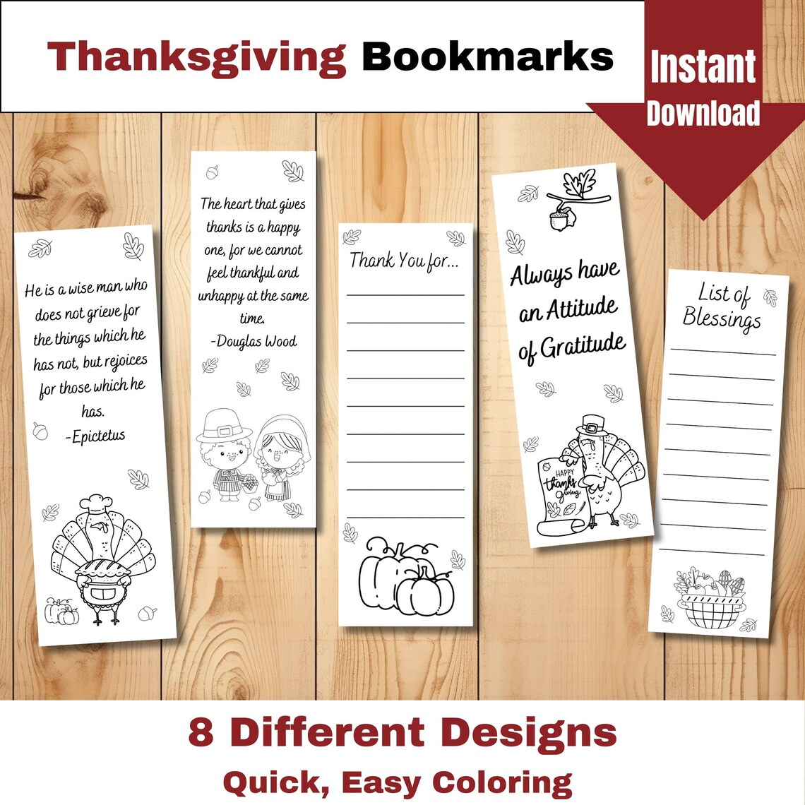 8 Printable Fall Coloring Bookmarks | Digital PDF Download | Coloring ...