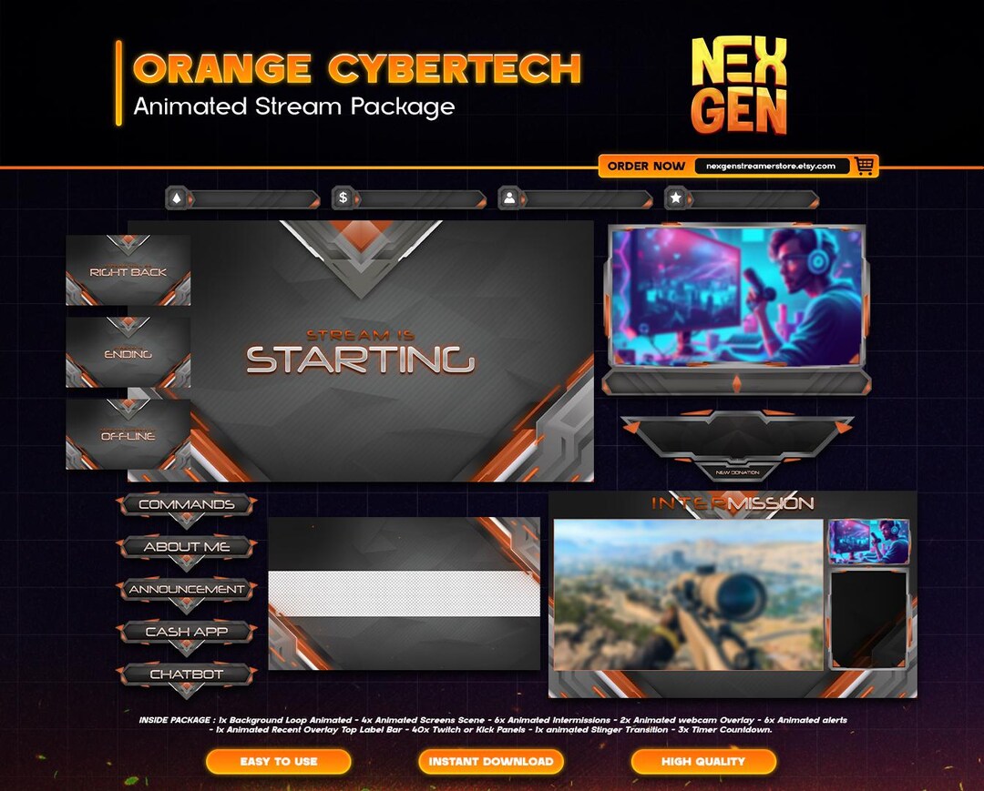 Animated Orange Stream Overlay Cybertech | Twitch OBS Stream Pack ...