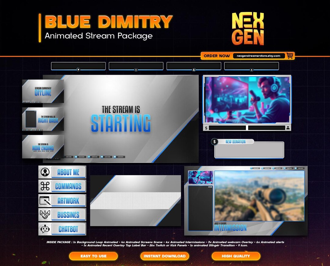 Blue Dimitry Stream Package – Animated Overlays, Alerts, Webcam ...