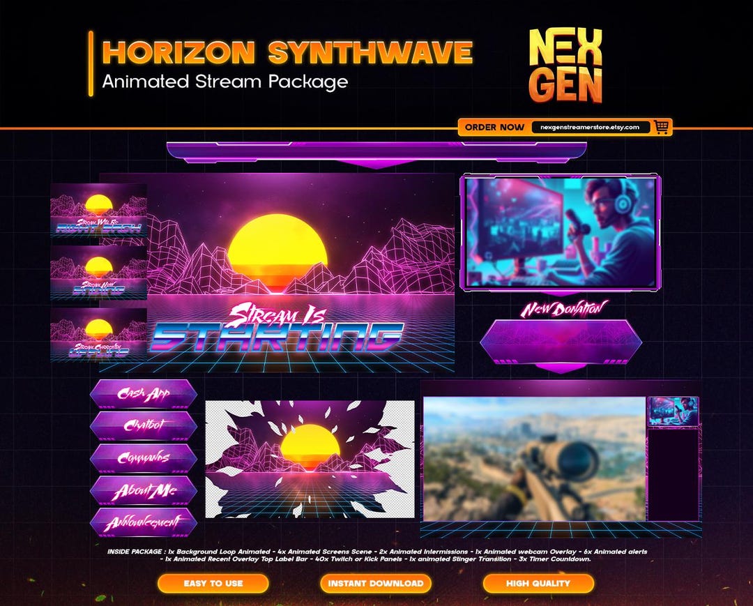 Horizon Synthwave Animated Stream Package: 80s Vaporwave Overlays ...