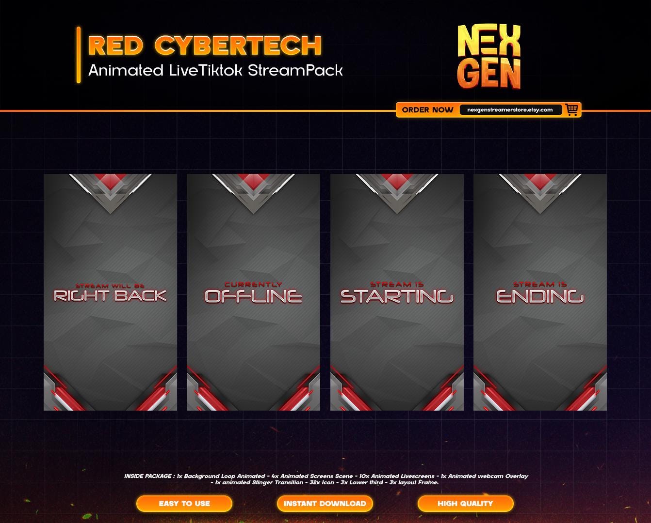 Red Cybertech Animated Tiktok Live Streaming Package | Screens,webcams ...