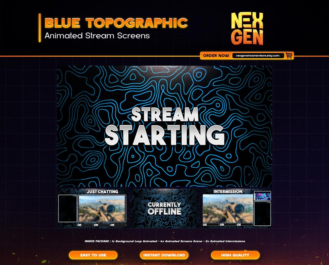 6x Blue Topographic Animated Stream Screen Scenes Pack for Twitch ...