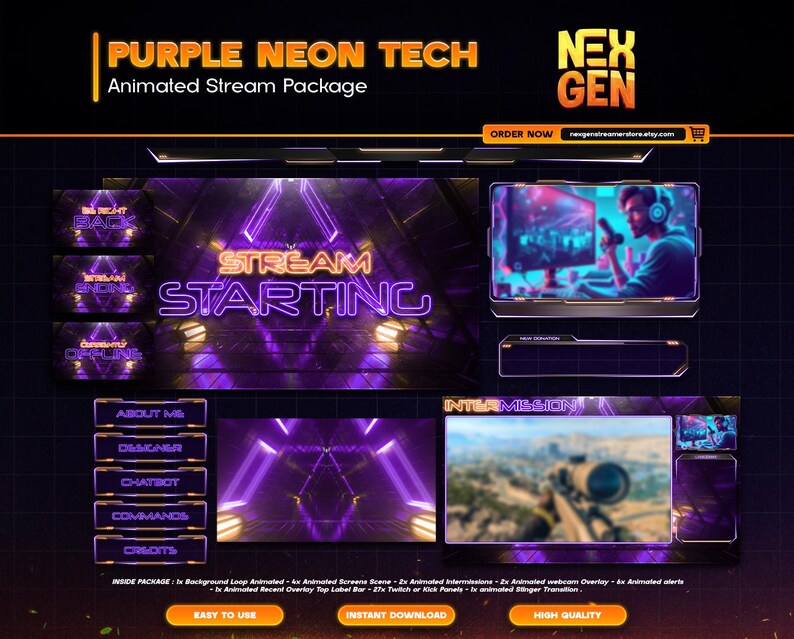 Purple Neon Tech Animated Stream Overlay Pack: Cyberpunk Vtuber Bundle ...