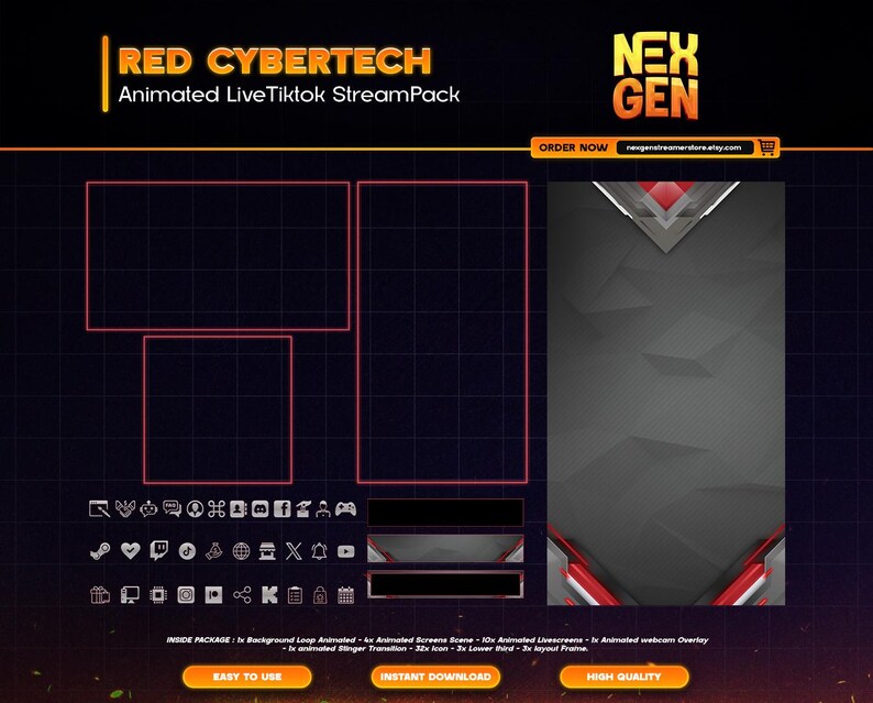 Red Cybertech Animated Tiktok Live Streaming Package | Screens,webcams ...