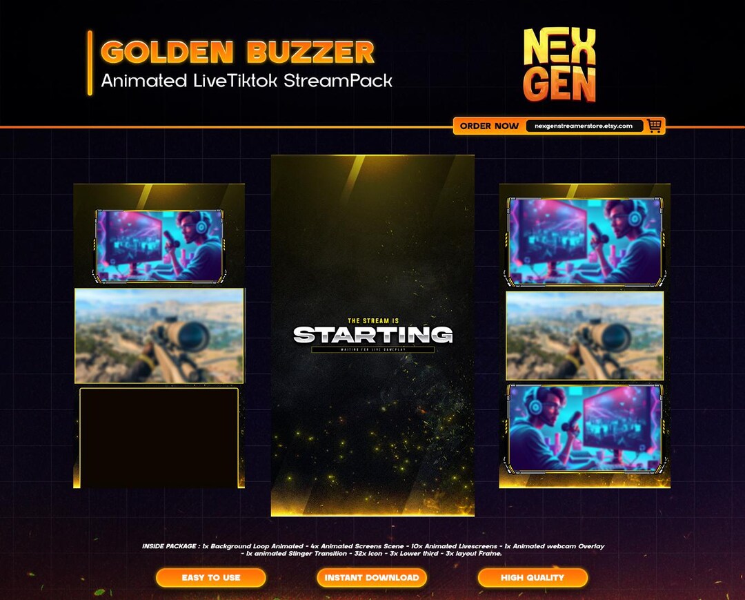 Golden Buzzer Animated Tiktok Live Streaming Package | Screens,webcams ...