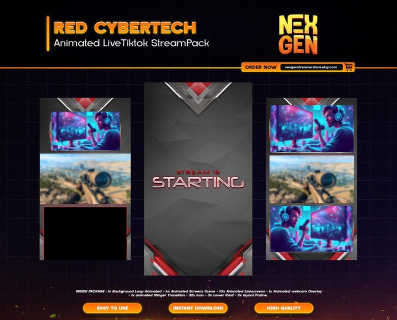 Red Cybertech Animated Tiktok Live Streaming Package | Screens,webcams ...