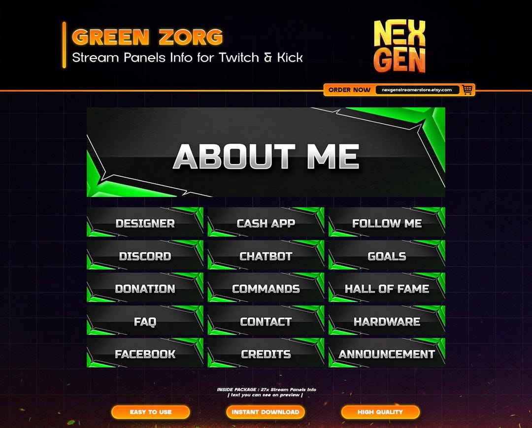 40x Green Zorg Stream Panels Bundle for Twitch & Kick | About Me, Pc ...