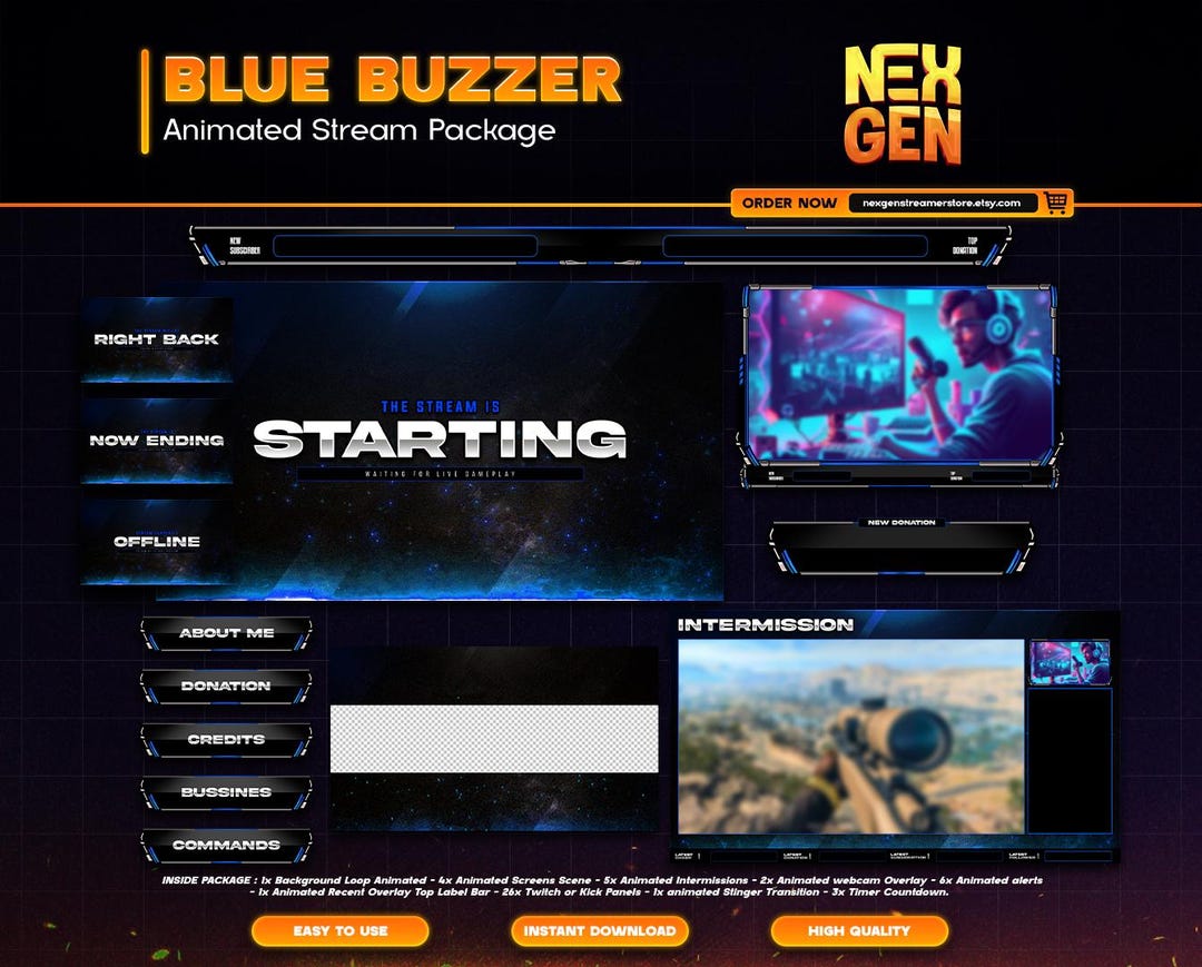 Blue Buzzer Animated Stream Package | Overlays, Alerts, Webcam, Screens ...