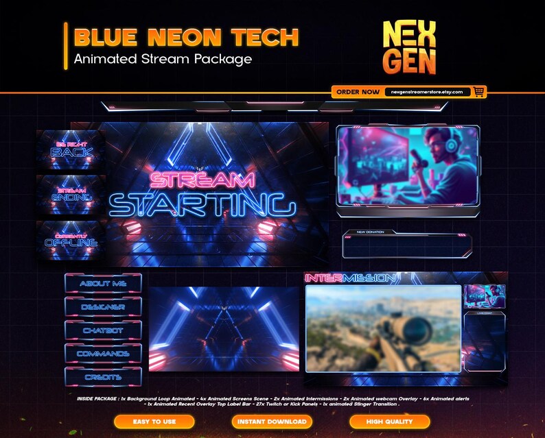 Blue Neon Tech Stream Package – Animated Overlays, Alerts, Webcam ...