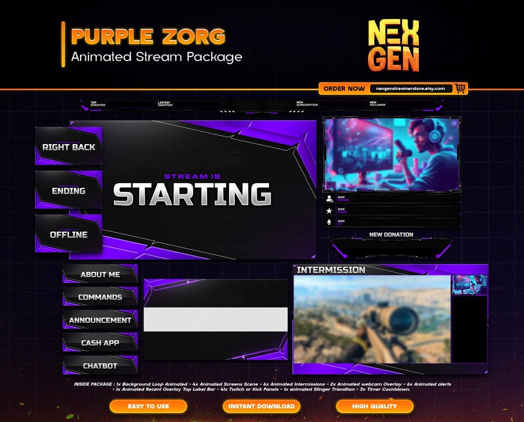 Purple Zorg Animated Stream Overlay Pack: Twitch OBS Vtuber Design ...