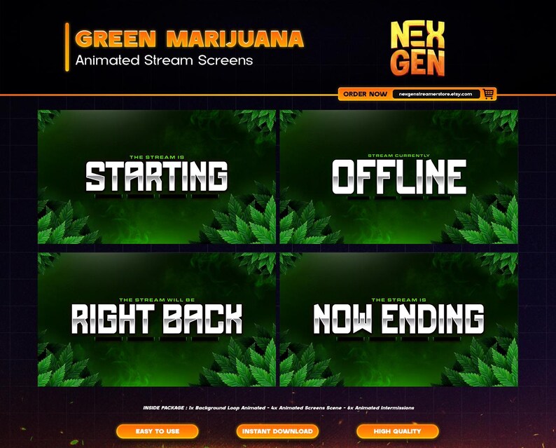 9x Green Marijuana Animated Screen Scenes - Starting,brb,ending,offline ...