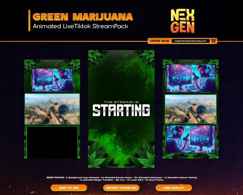 Green Marijuana Animated Tiktok Live Streaming Package | Screens ...