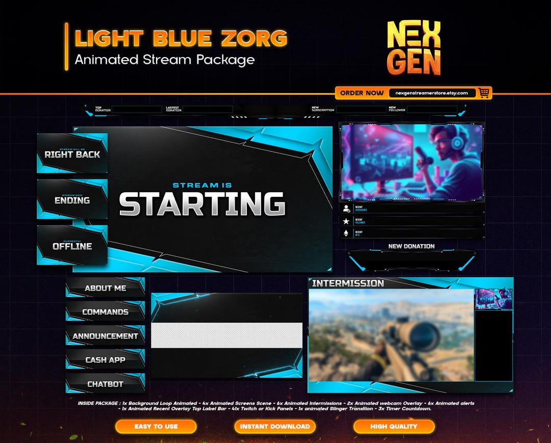 Animated Light Blue Stream Overlay: Neon Zorg Twitch/youtube Pack - Etsy
