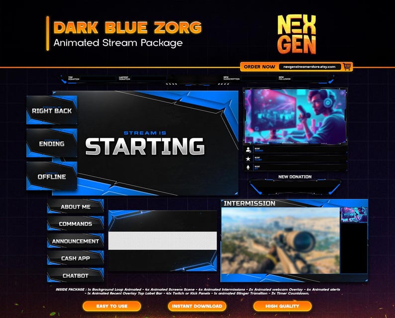 Animated Dark Blue Neon Stream Overlay: Zorg Stream Pack for Twitch ...
