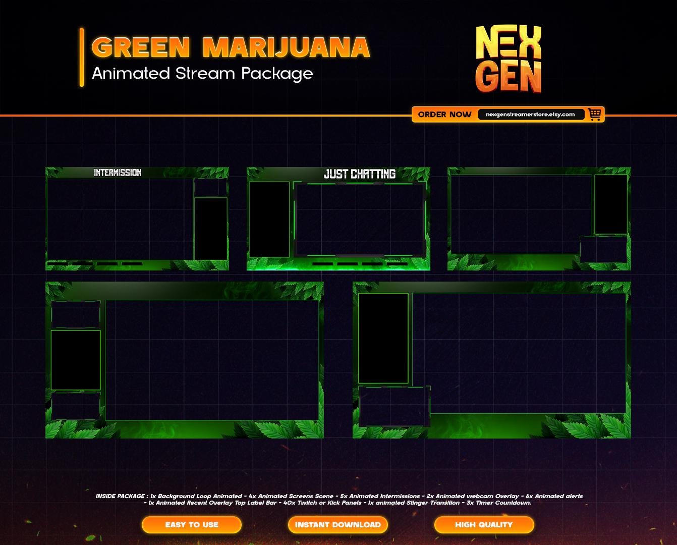 Green Marijuana Animated Stream Package – Overlays, Alerts, Webcam ...
