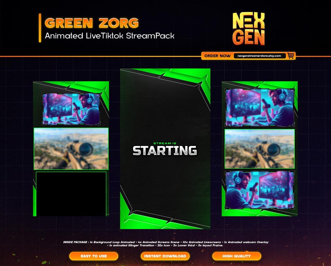 Green Zorg Animated Tiktok Live Streaming Package | Screens,webcams ...
