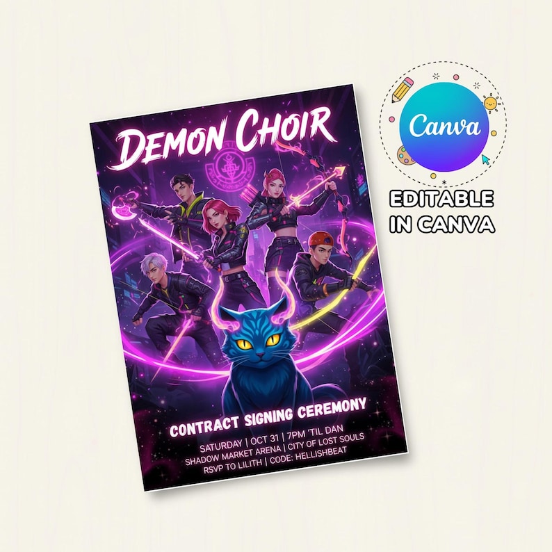 Editable K-pop Neon Hunters Birthday Invitation, Canva Template, Anime ...