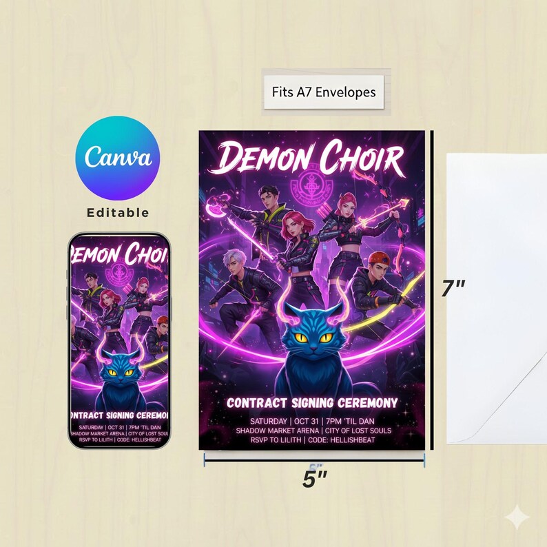 Editable K-pop Neon Hunters Birthday Invitation, Canva Template, Anime ...