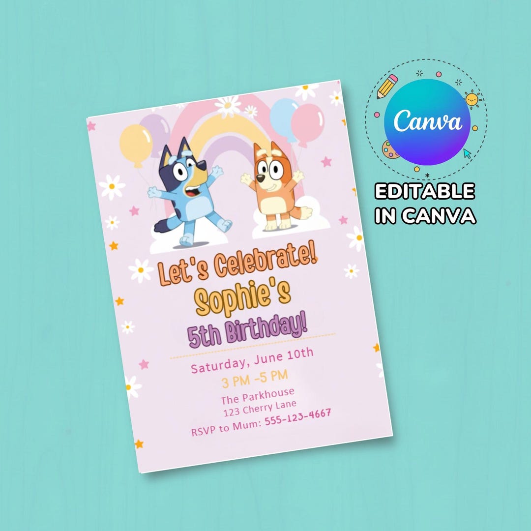 Editable Cartoon Dog Duo Birthday Invitation, Canva Template, Rainbow ...