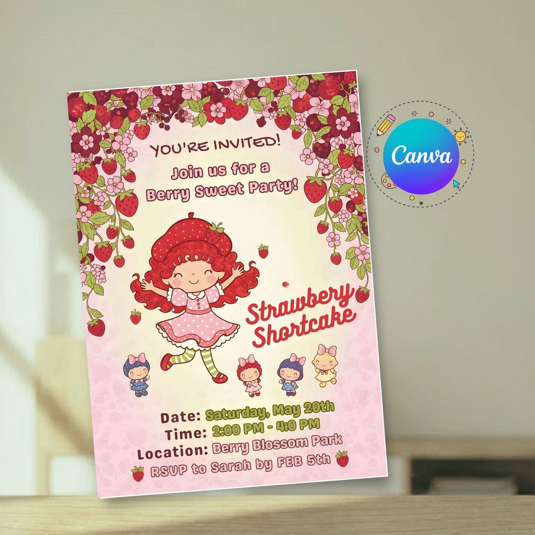 Editable Strawberry Shortcake First Birthday Invitation, Canva Template ...
