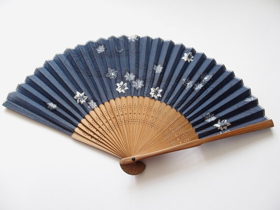 Japanese Sensu Folding Fan Dark Blue With Scattered Leaf - Etsy