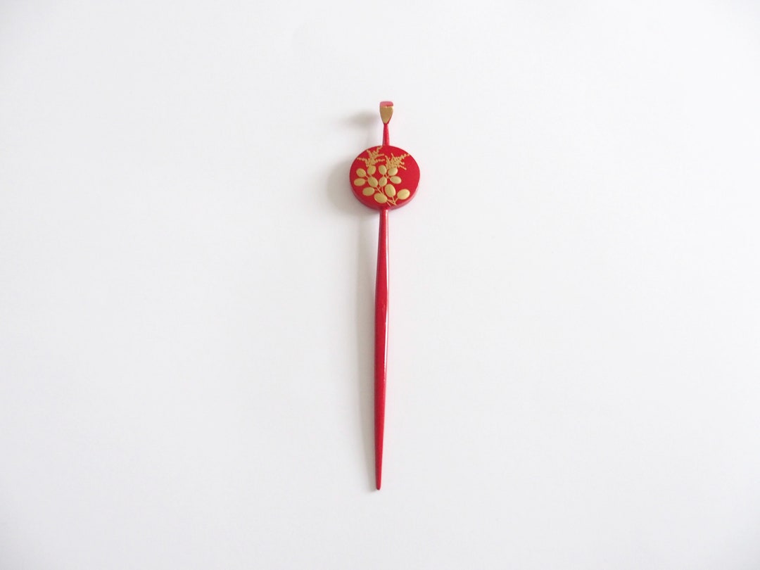 Vintage Hirauchi Hairstick From Japan Red With Gold Design - Etsy