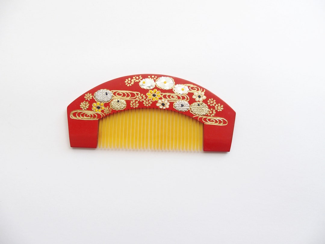 Red Yellow Kushi Hair Accessory From Japan With Golden Floral Design ...