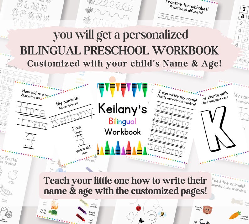 Bilingual Preschool Bundle, English and Spanish, Personalized Toddler ...