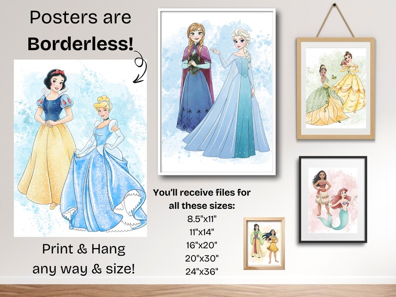 Princess Wall Art, Set of 6, Watercolor Princess Decor, Printable Wall ...