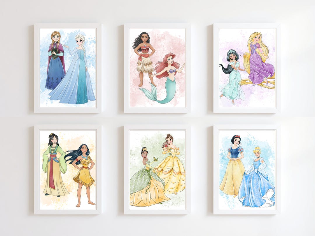 Princess Wall Art, Set of 6, Watercolor Princess Decor, Printable Wall ...