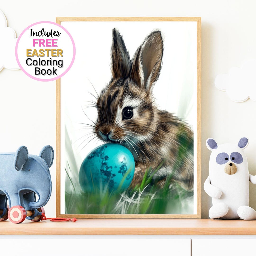 Blue Easter Bunny Kids Printable Poster, Realistic Rabbit and Egg ...
