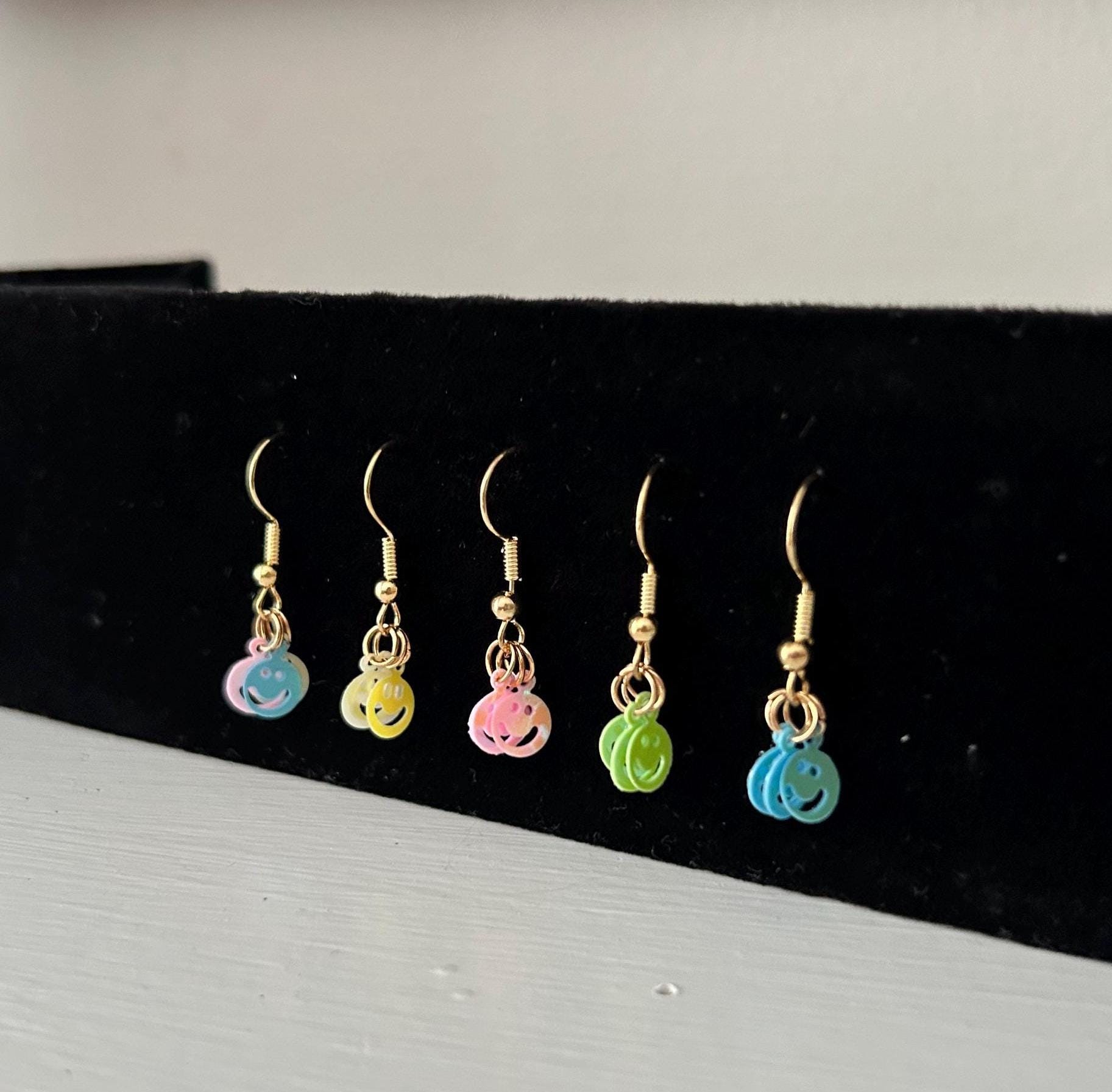 Smiley Face Gold Dangle Earrings - Multiple Colors - Etsy