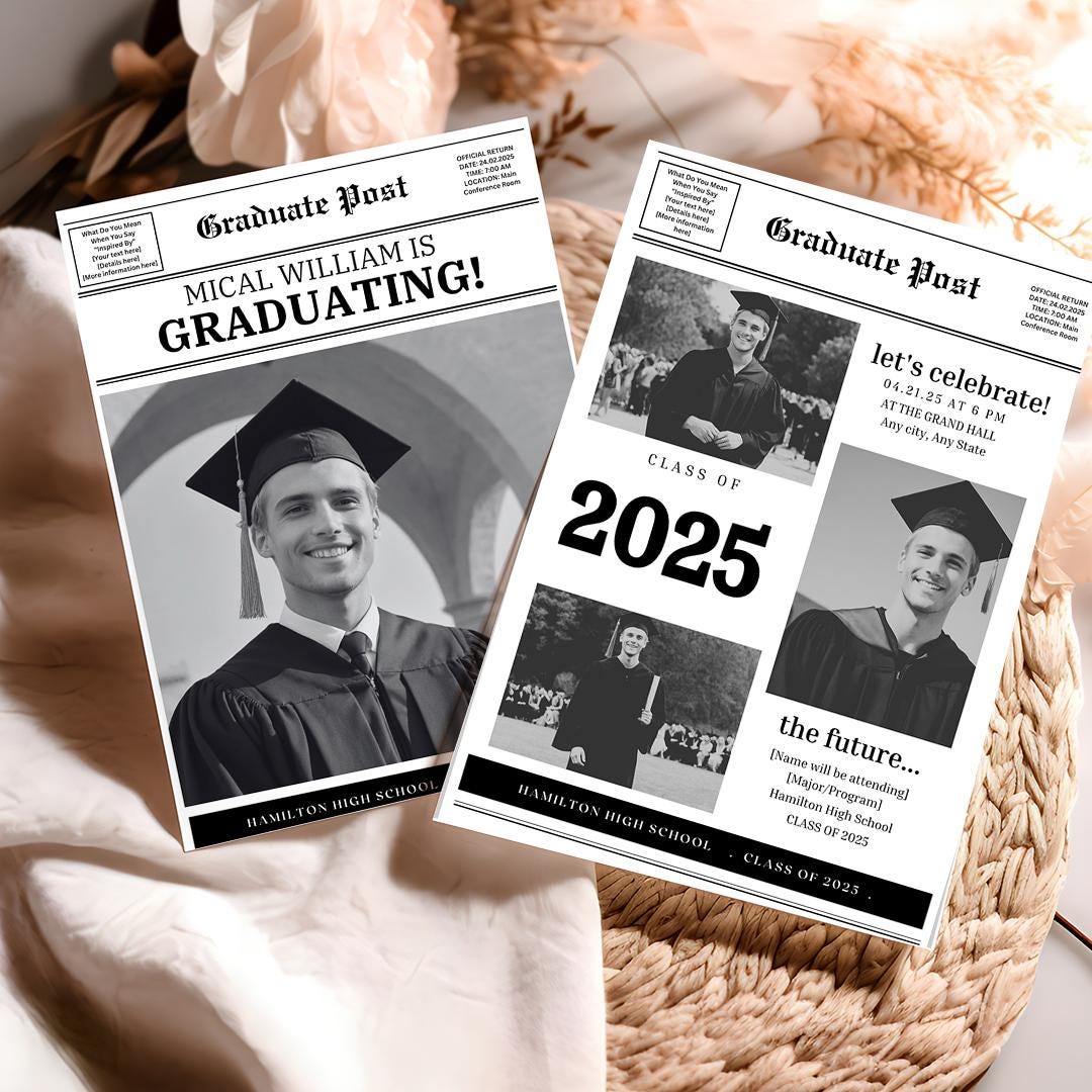 Editable Newspaper Graduation Announcement Canva Template, Digital ...