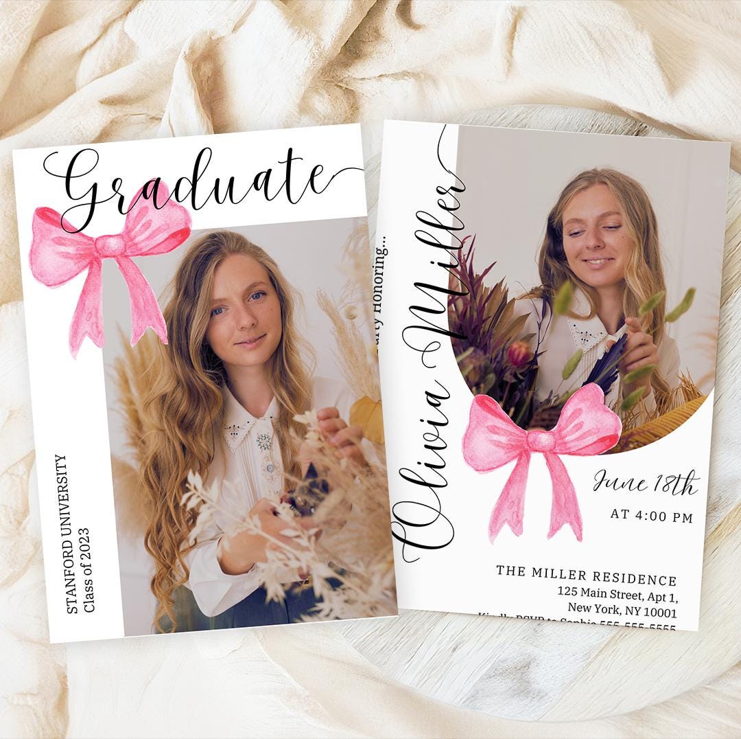 Pink Bow Graduation Invitation Template, Class 2025 Graduate, Modern ...