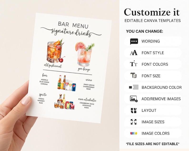 Customizable Wedding Bar Menu Sign: Signature Drinks Template (digital ...