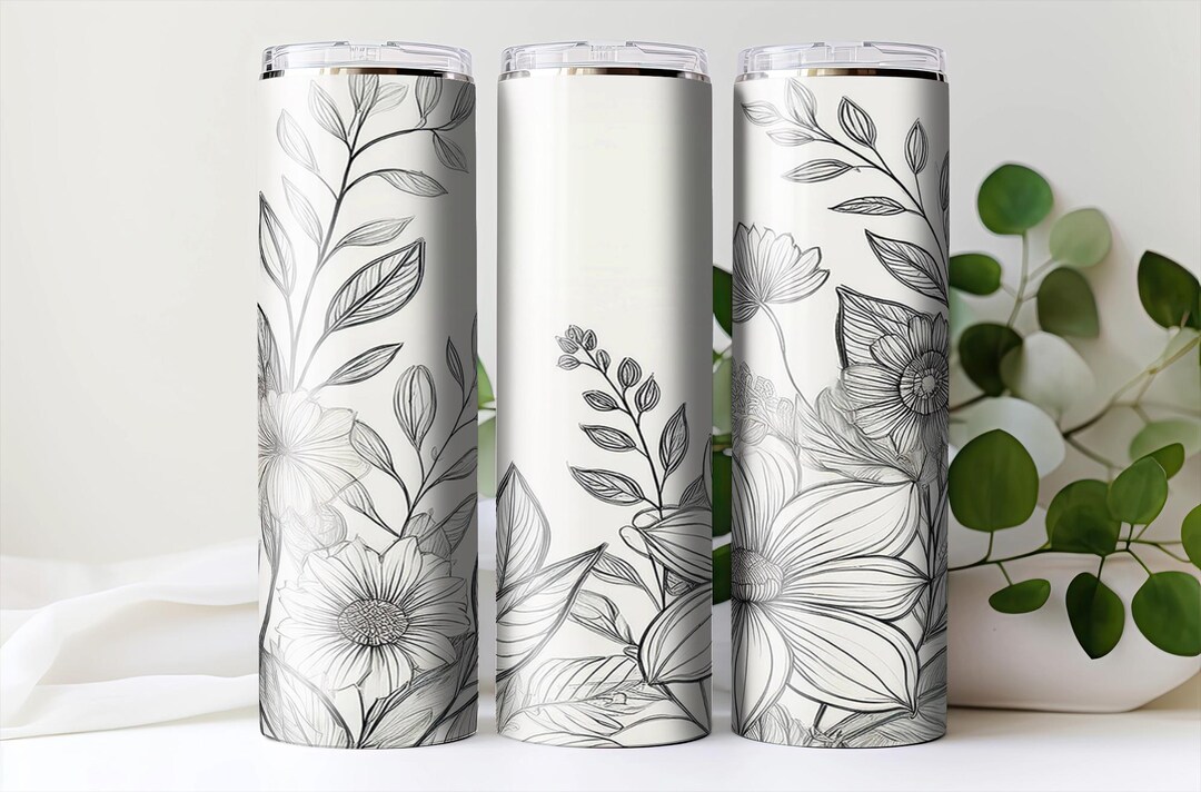 Floral Line Drawing off White and Black, PNG Skinny Tumbler Wrap 20 Oz ...