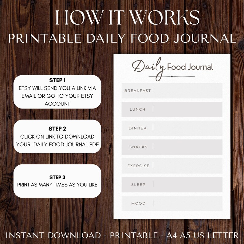 Daily Food Journal Printable: Wellness, Exercise, Mood Tracker (digital ...