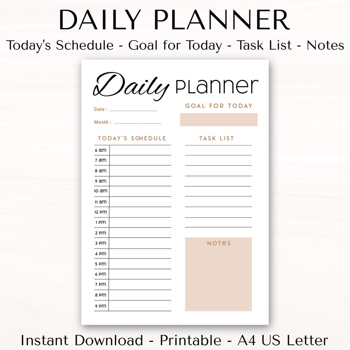 Printable Daily Planner: Schedule, Task List, Goal Tracker (digital ...