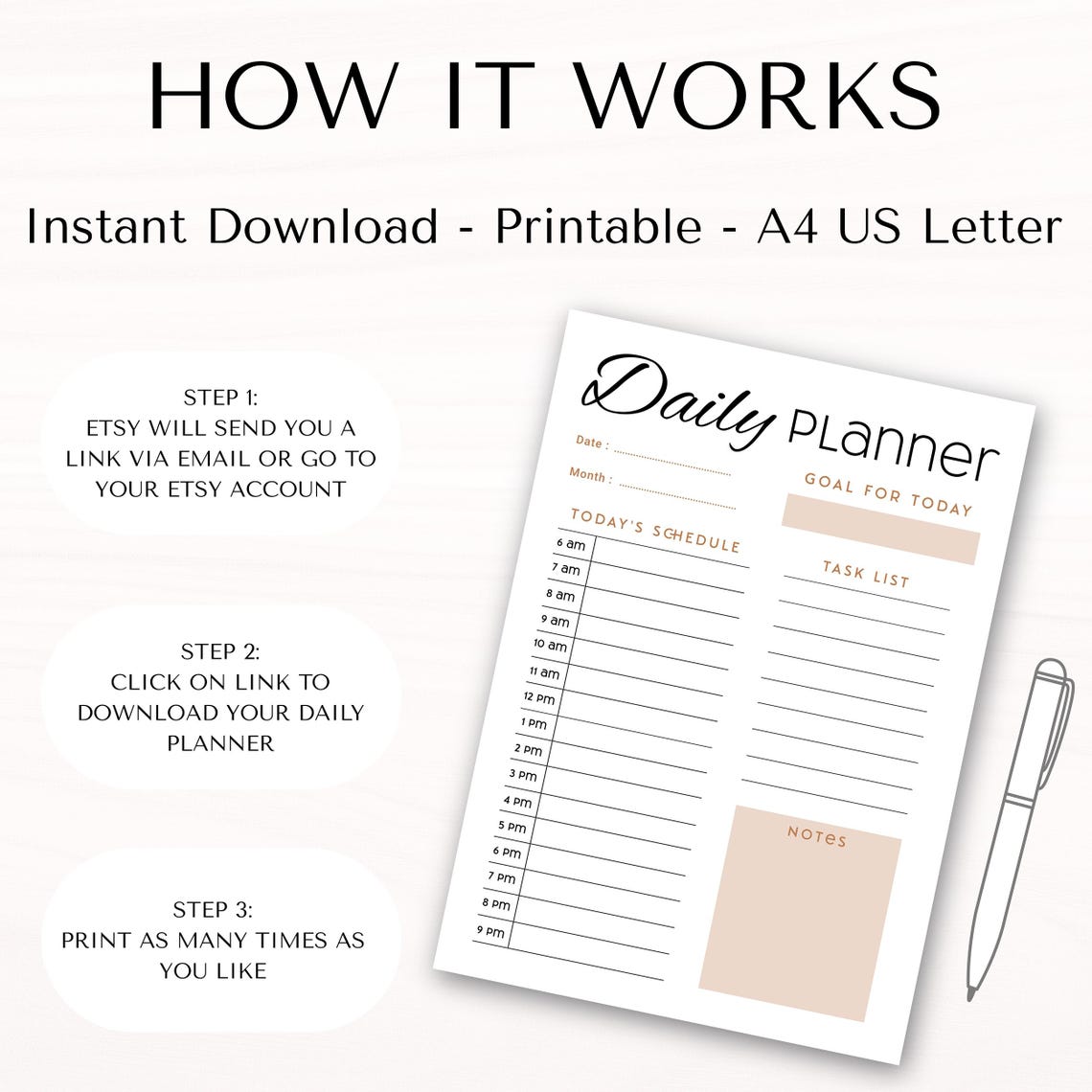 Printable Daily Planner: Schedule, Task List, Goal Tracker (digital ...