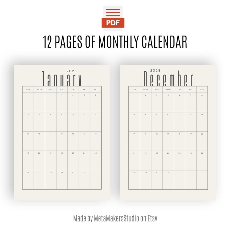 2025 Monthly Calendar, Portrait, Printable Calendar Template ...