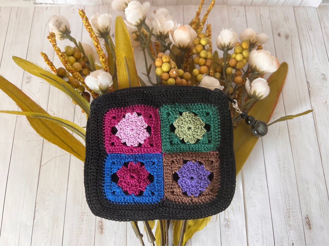 Petite Lulu Granny Square Crochet Pouch Multicolor Fully Lined/ Rosary ...